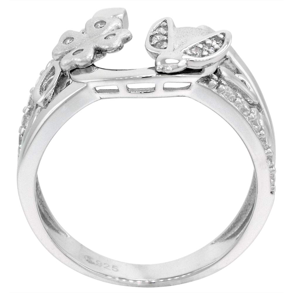 Sterling Silver Micropave CZ Horseshoe Ring for Women with Ladybug Four Leaf Clover Evil Eye Rhodium Finish 1/2 inch size 9