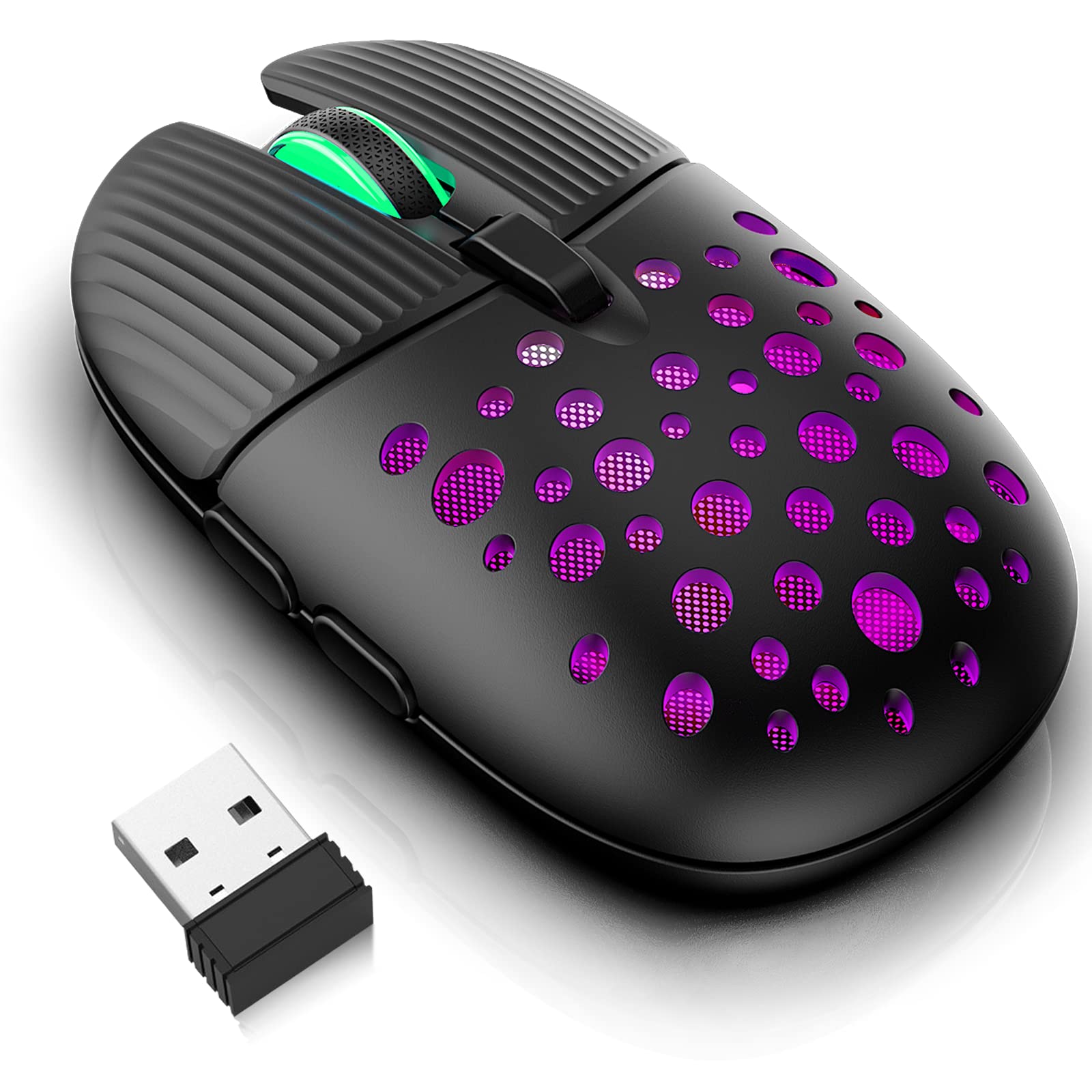 Wireless Gaming Mouse, 2.4G Portable Computer Mouse with Honeycomb Shell, Adjustable DPI, Silent Click, 7 Changeable LED Color Ergonomic Optical Gamer Mice for Laptop PC Gamer Computer Desktop(Black)