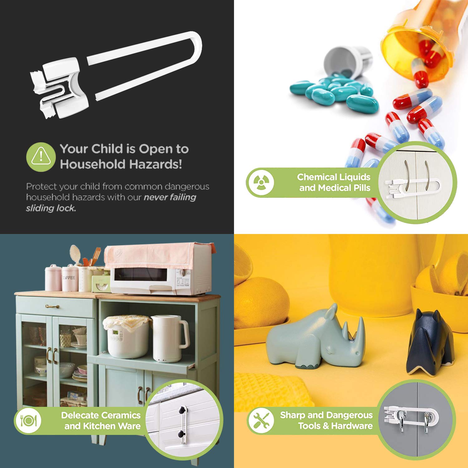 Sliding Cabinet Locks, U Shaped Baby Safety Locks, Childproof Cabinet Latch for Kitchen Bathroom Storage Doors, Knobs and Handles (4-Pack, White)