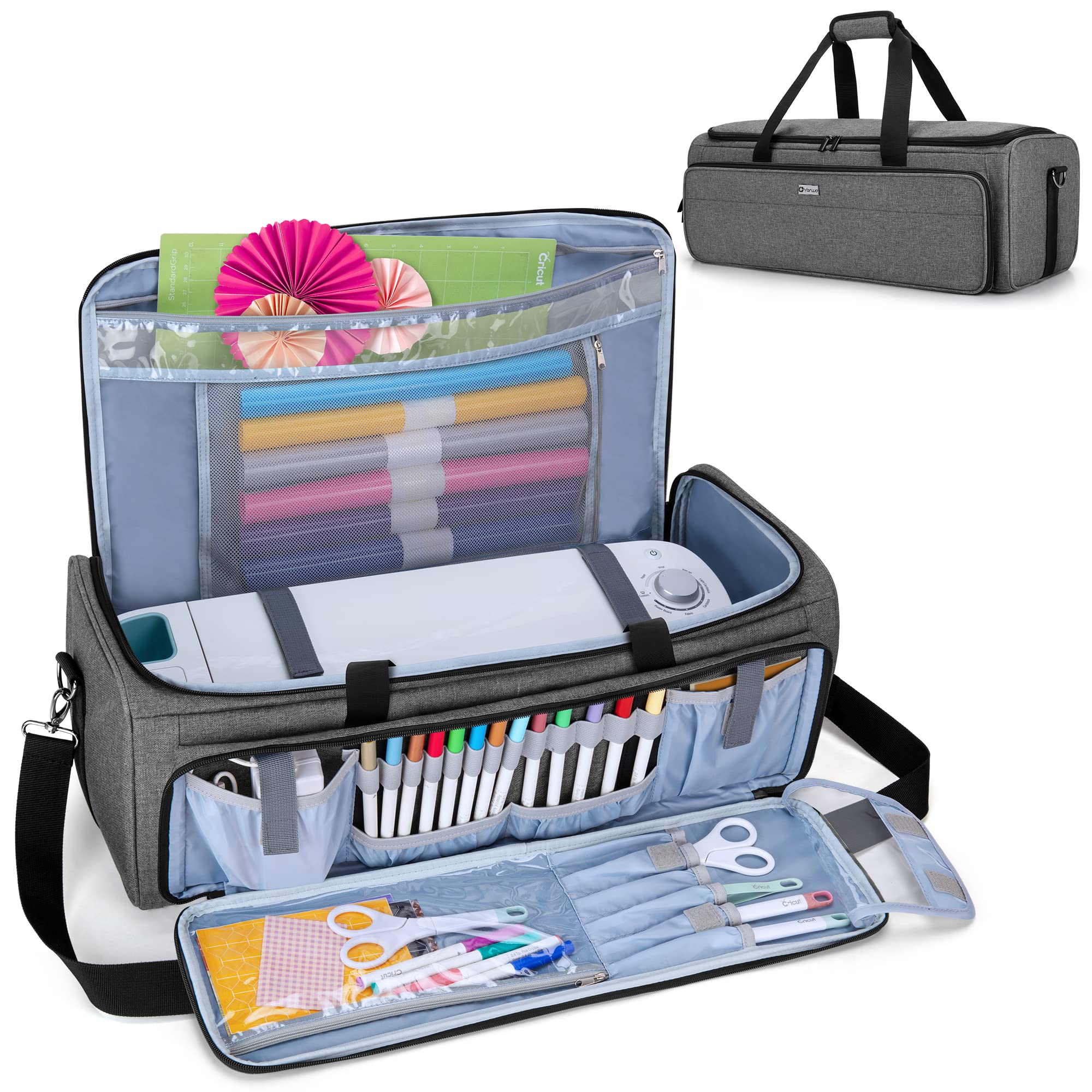 Yarwo Carrying Case Compatible for Cricut Maker, Explore Air 2, Silhouette Cameo 4 and Cameo 3, Large Opening Die Cut Machine Bag for Cutting Mat (12" x 12") and Supplies, Gray