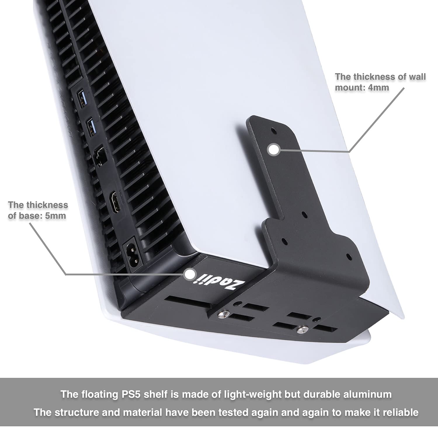 Zadii Floating Wall Mount Kit Compatible with PlayStation 5 and DualSense Controllers, Adjustable Durable Thick Aluminum Bracket Holds PS5 Disc & Digital Version – Patent Pending