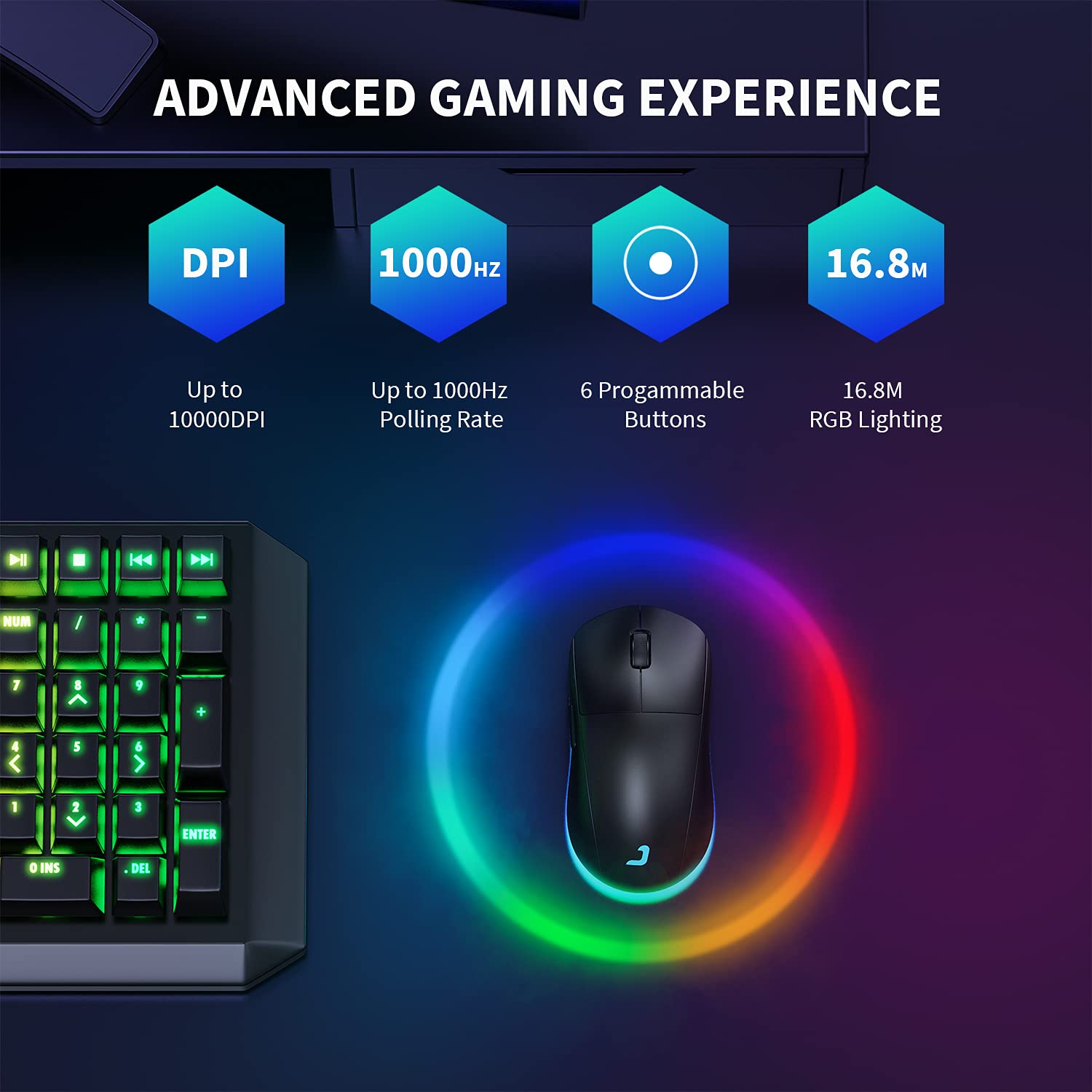 Wireless/Wired Gaming Mouse, Rechargeable RGB Gaming Mice with 7 Backlit Modes, 7 Adjustable DPI up to 10000 for Windows PC Gamers