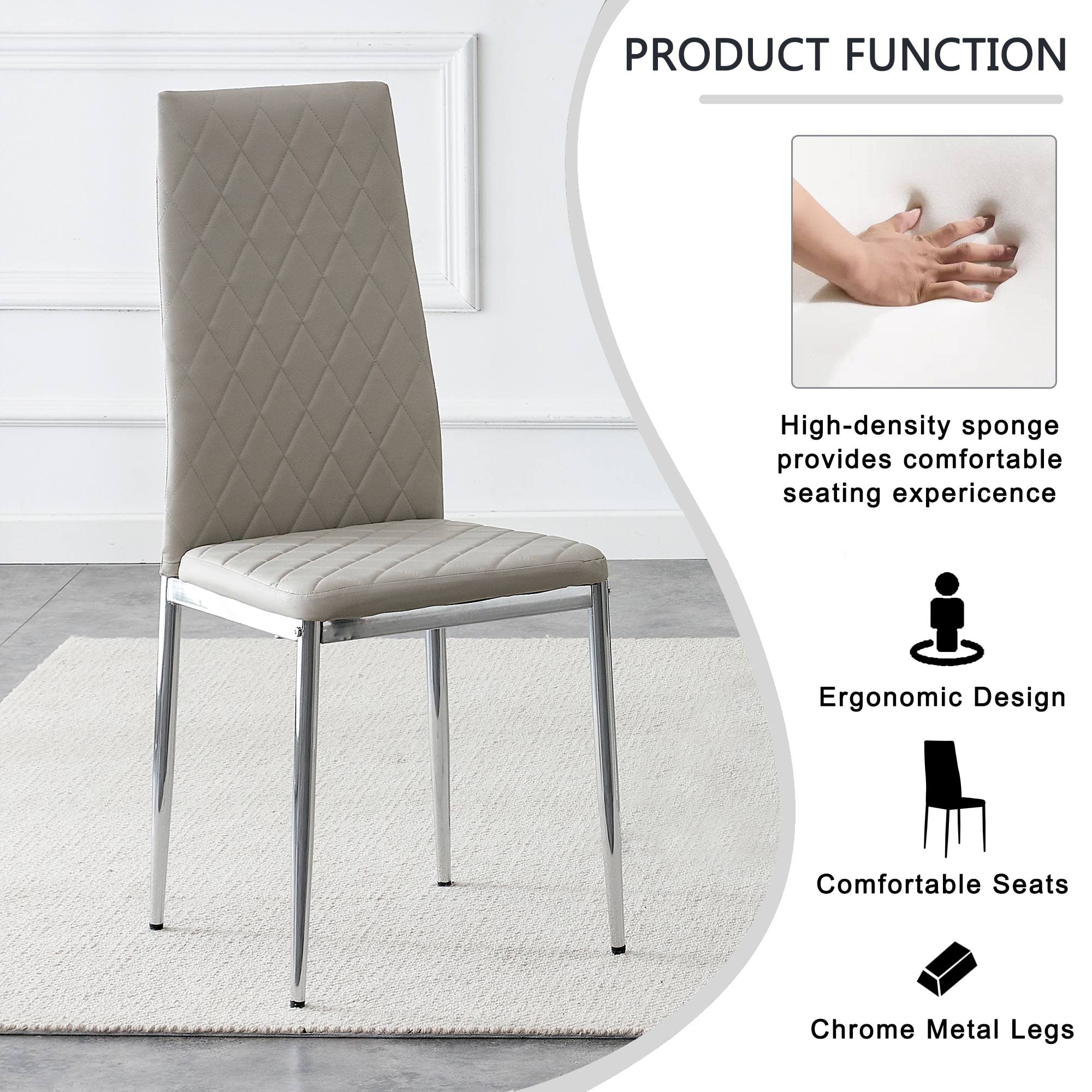 Rophefx Dining Chairs Set of 4, Modern Kitchen Chairs Upholstered Dining Room Chairs PU Leather Metal Legs High Back Side Chairs for Living Room, Kitchen, Light Grey