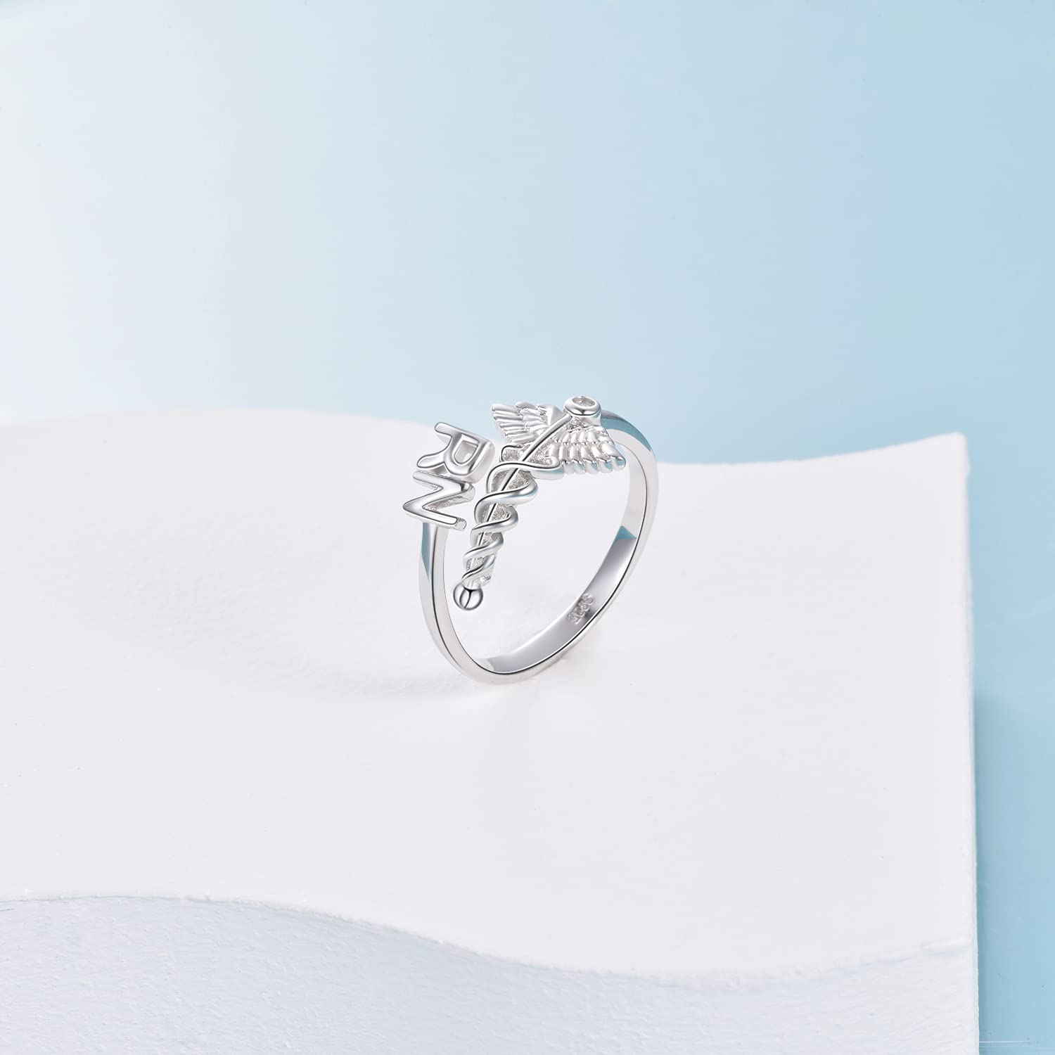 YFN S925 Sterling Silver Caduceus Rings RN Nurse Gift Adjustable Rings for Graduation Nursing Themed Jewelry