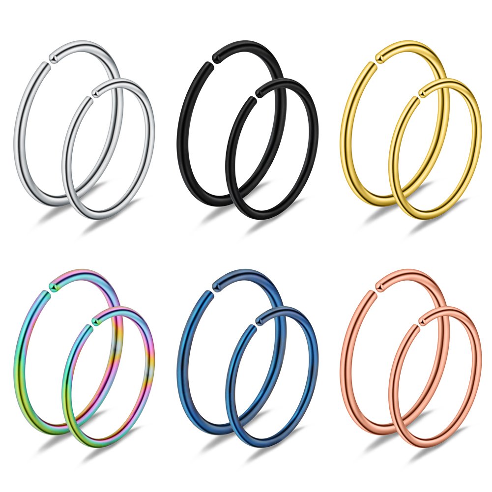 SCERRING 12PCS 22G Stainless Steel Fake Nose Septum Hoop Rings Lip Helix Cartilage Tragus Ear Ring Piercing 8mm 10mm - Mix Color