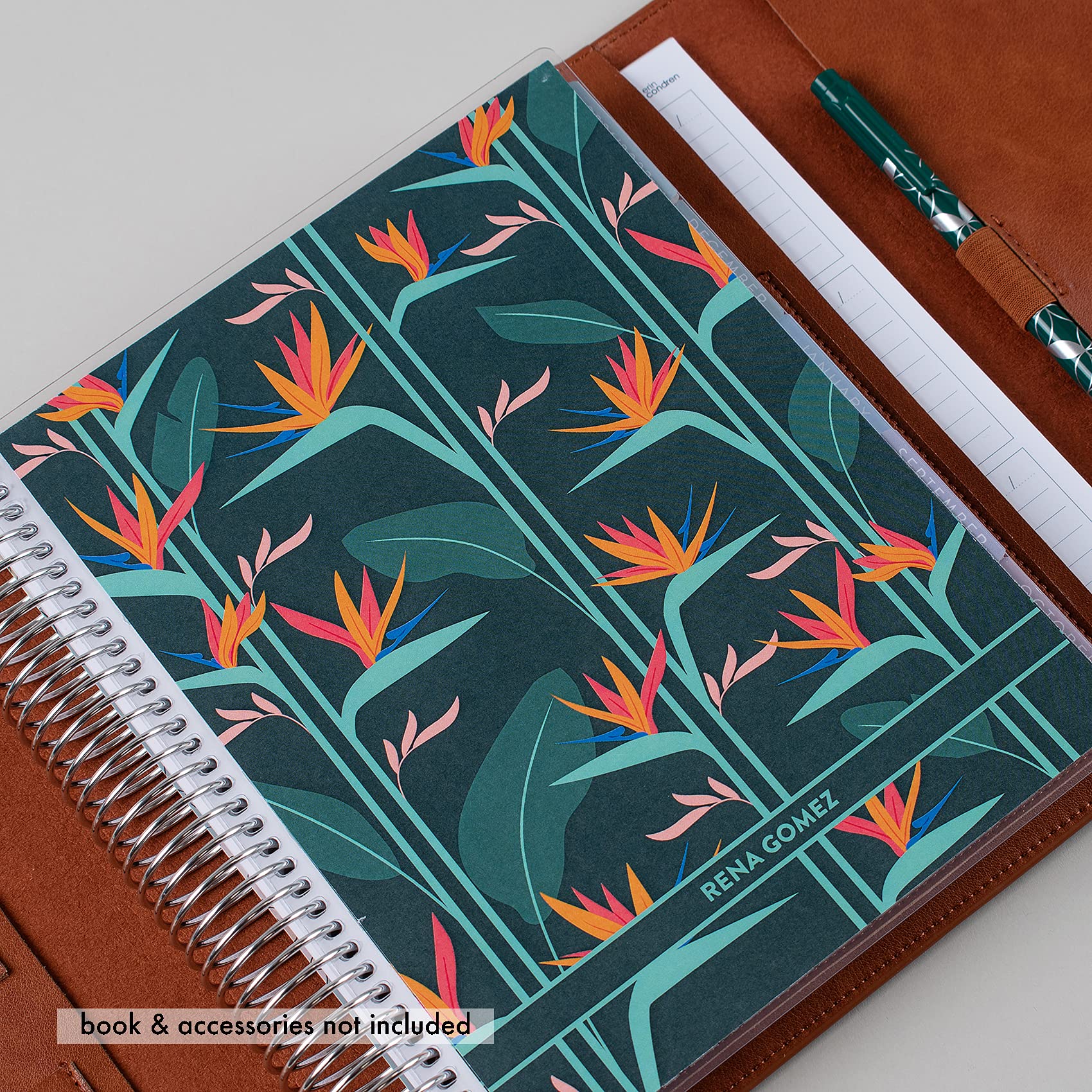 Vegan Leather Folio - Camel. Personal Organizer with 5 Pockets for Cards, Phone and Notepad and 1 Pen Loop. Secure Magnetic Flap Closure. Fits most 7" x 9" Planners and Notebooks by Erin Condren.
