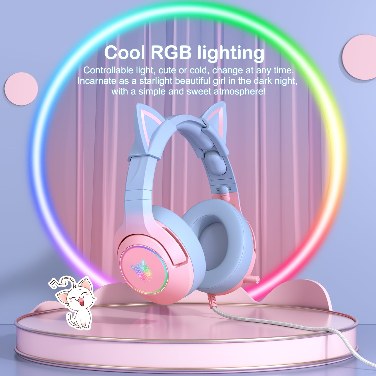 PHNIXGAM Gaming Headset for PS4, PS5, Xbox One(No Adapter), Cat Ear Headphones with Noise Cancelling Microphone, RGB Backlight, Surround Sound for PC, Mobile Phone, Gradient Pink Blue