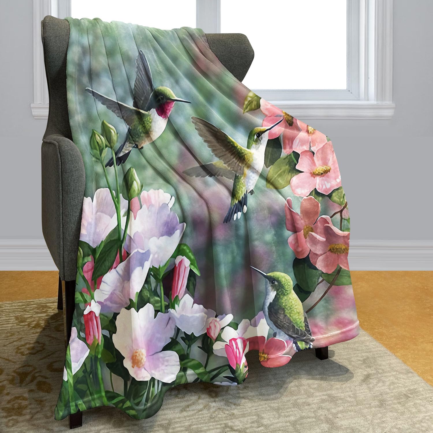 Rstick Hummingbirds Blanket Flowers Birds Fleece Blanket Soft Fuzzy Plush Throw Blankets for Couch Bed 40"x50"