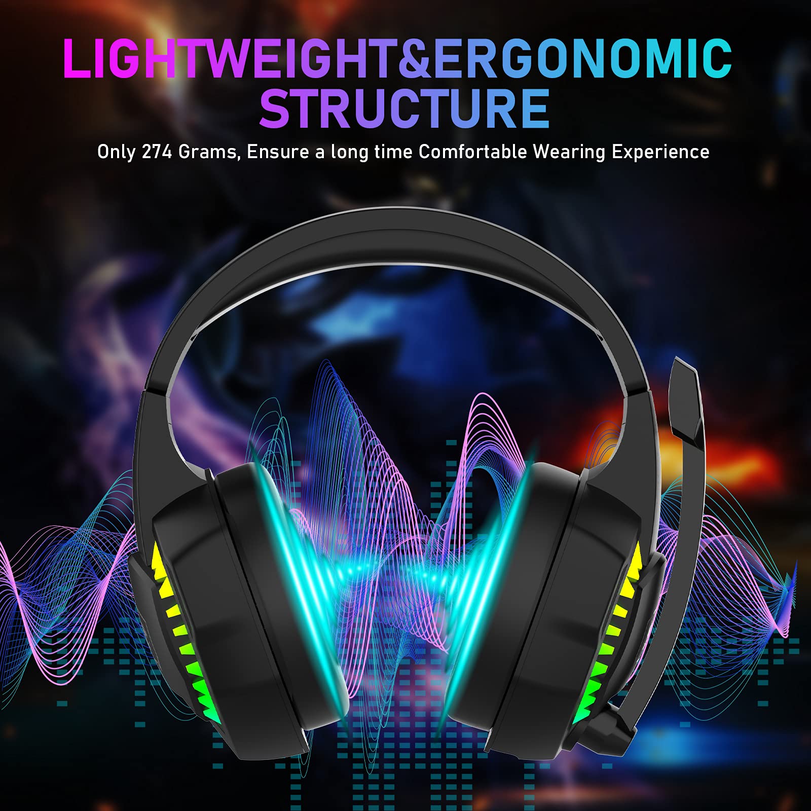Wired Gaming Headset with Rainbow RGB Backlight Retractable Noise Isolating Microphone Stereo Sound Deep Bass Memory Foam Earmuff Over Ear Headphone for PS4 Xbox One Switch PC Mac Gamer Music (Black)
