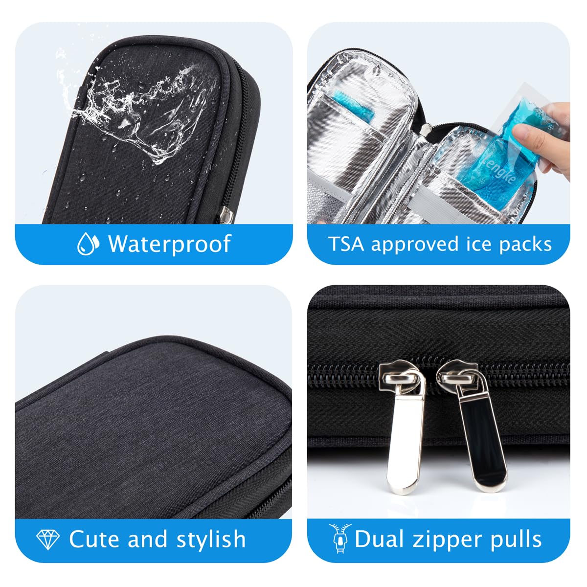 YOUSHARES Insulin Cooler Travel Case - Diabetic Case Insulated Organizer Portable Cooling Bag for Insulin Pen and Medication Diabetic Care Supplies with 2 TSA Approved Ice Pack (Black)