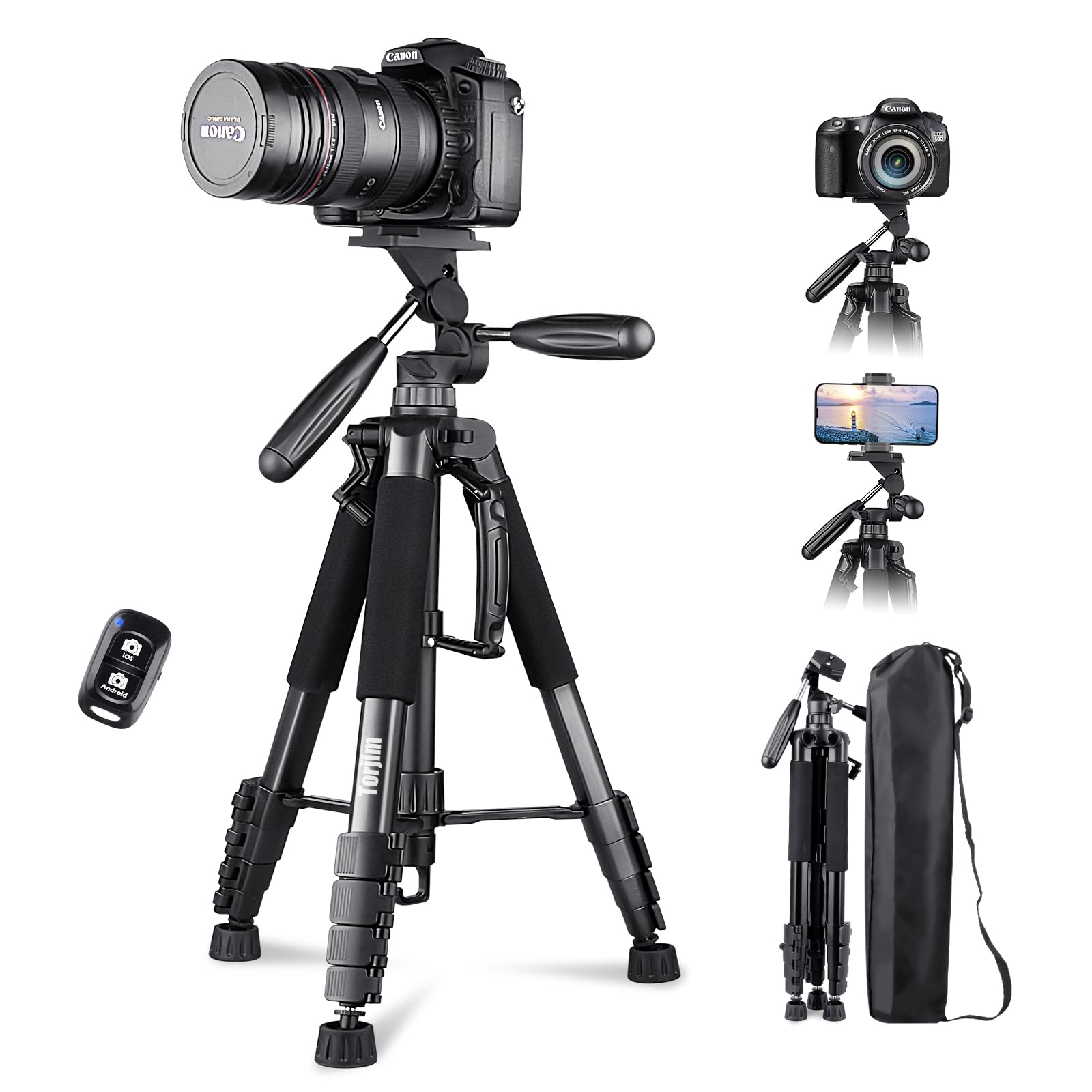 Torjim 67" Camera Tripod Stand, (13 lbs/6kg Loads) Aluminum Travel Tripod with Carry Bag for Canon, DSRL, SRL, Phone Tripod Mount with Wireless Remote Control for Live Streaming, Work, Vlogging