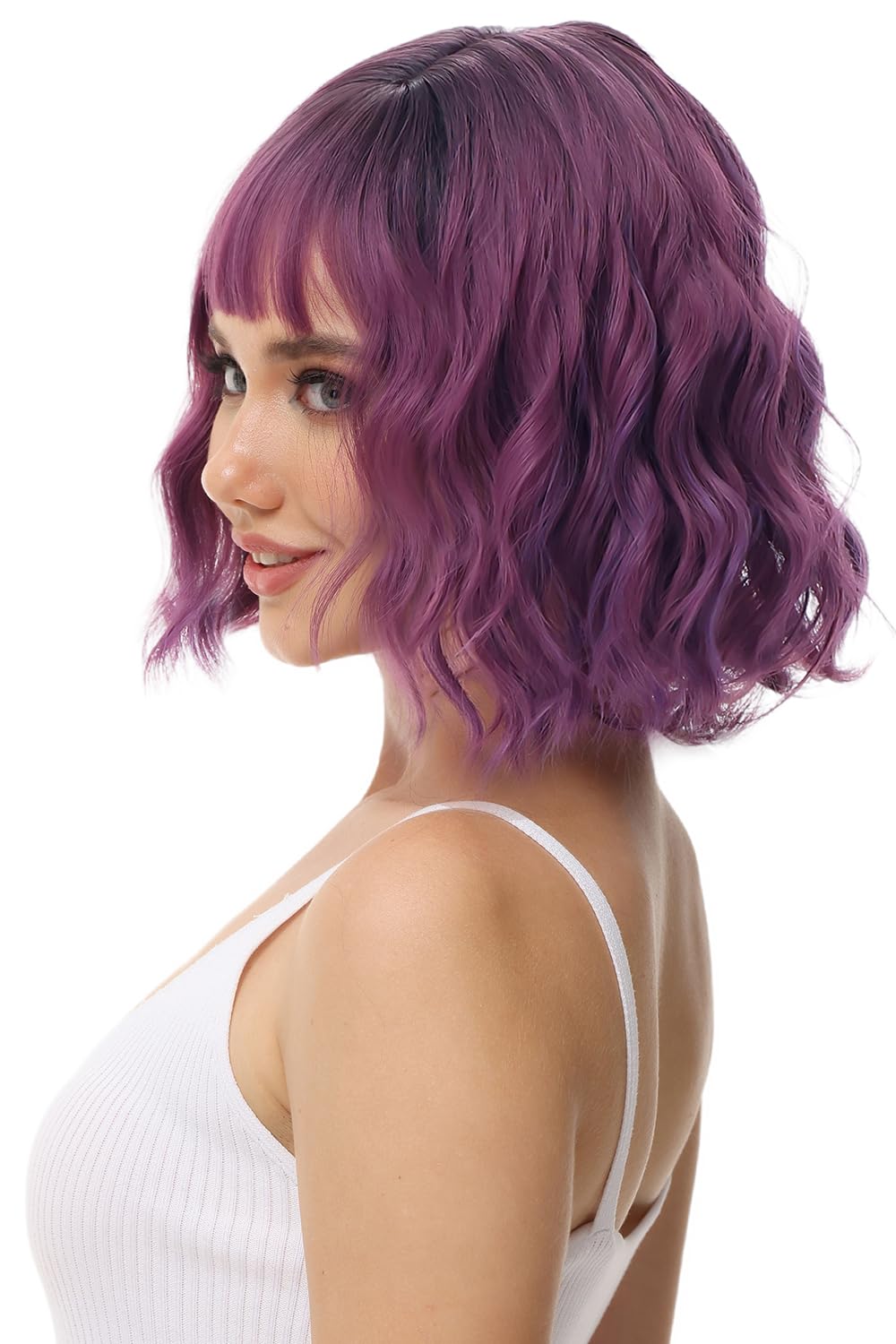 Rose bud Wavy Bob Wig with Bangs Natural Ombre Purple Wig Synthetic Hair Shoulder Length Short Curly Wigs for Women