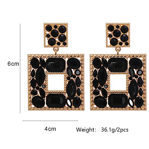 Rhinestone Square Dangle Earrings For Women Sparkly Crystal Geometric Drop Statement Earrings Juran Green Collection (Black)