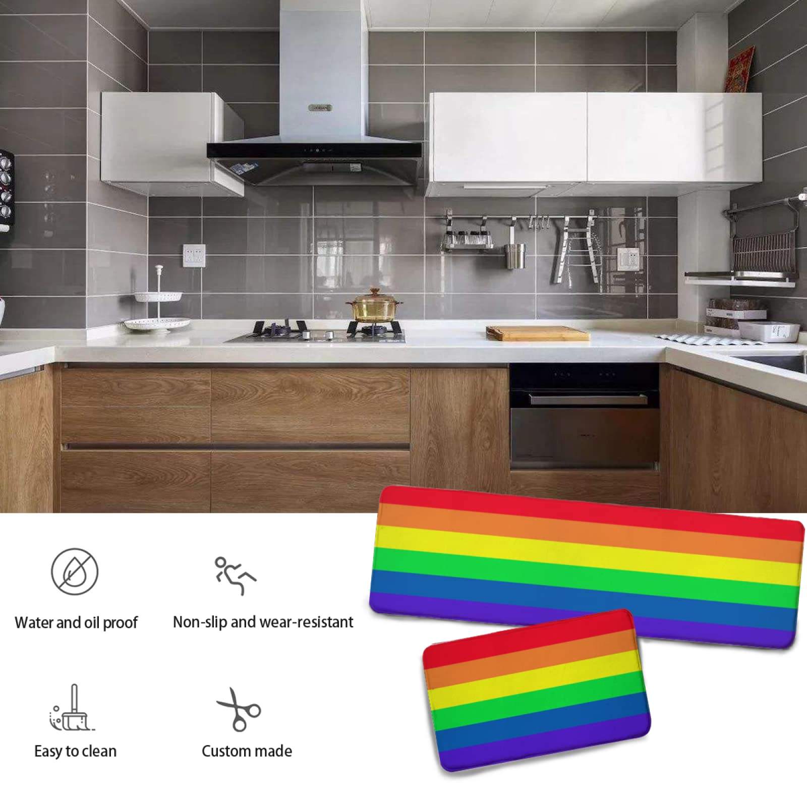 YouTary Gay Pride LGBT Rainbow Flag Pattern Kitchen Rug Set 2 PCS Floor Mats Washable Non-Slip Soft Flannel Runner Rug Doormat Carpet for Kitchen Bathroom Laundry