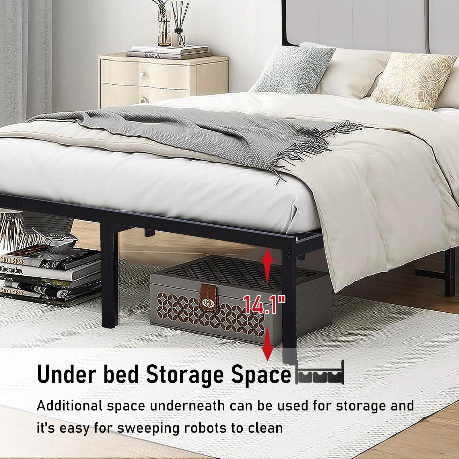 PUNSOKO Queen Bed Frame, Queen Size Bed Frame with Leather Headboard, Platform Bed Frame No Box Spring Needed, Strong Metal Slats Support, Easy Assembly, Noise-Free