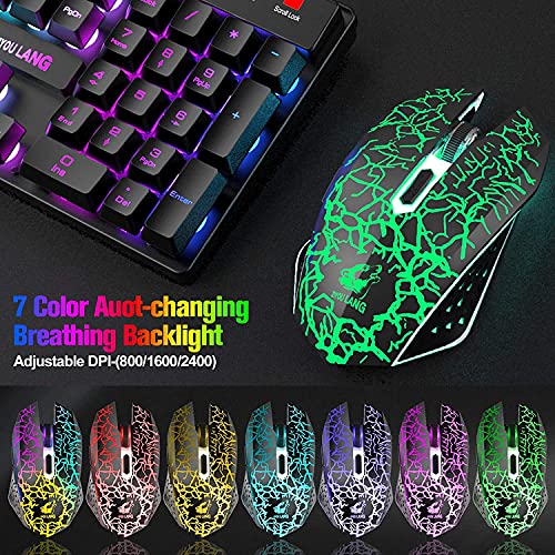 Wireless Gaming Keyboard Mouse and Wrist Rest Set with 87 Key Rainbow Backlight Rechargeable 3800mAh Battery Mechanical Feel Anti-ghosting Ergonomic Waterproof Mute Mice for PC Mac Gamer (Black Mix)