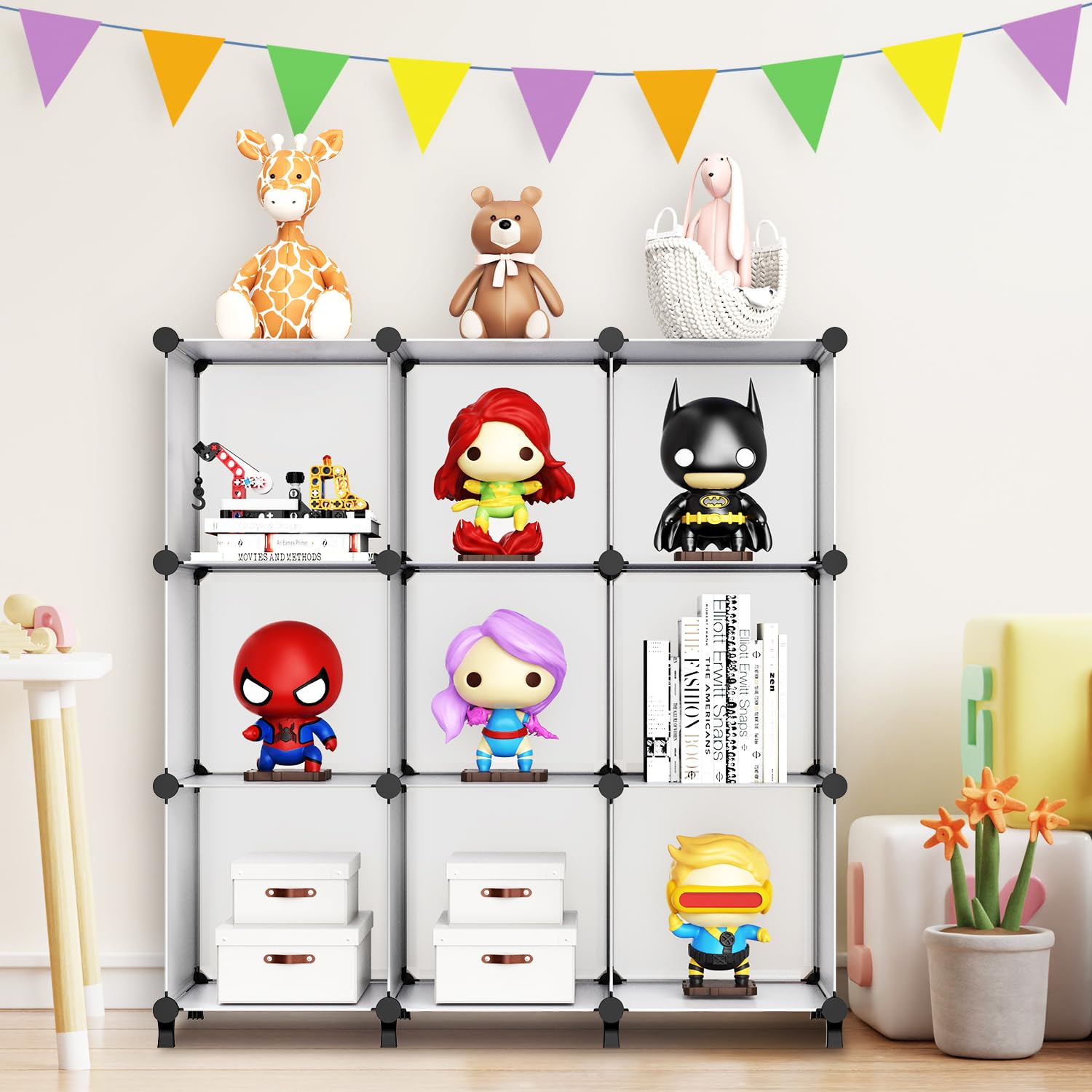 ROJASOP 9 Cube Storage Organizer, Portable Closet Cube Storage Shelf Bookshelf DIY Stackable Cubby Shelving with Hooks, Plastic Cube Organizer Shelf for Bedroom, Living Room, Office, Clear
