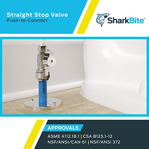 SharkBite 1/2 x 3/8 Inch Compression Straight Stop Valve, Quarter Turn, Push to Connect Brass Plumbing Fitting, PEX Pipe, Copper, CPVC, PE-RT, HDPE, 23037-0000LF