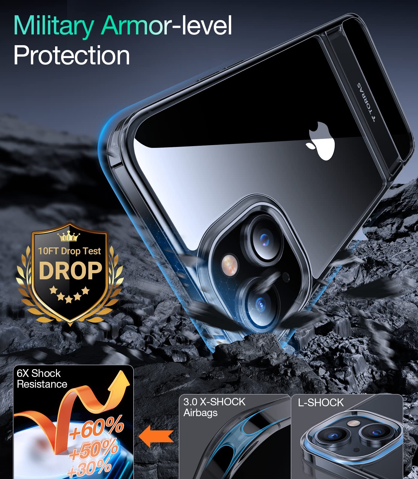 TORRAS MoonClimber Compatible for iPhone 12 Pro Max Case [5X Military Armor-Level Shockproof][Three Stand Ways] Slim Hard Phone Case with Kickstand 6.7’’-Clear