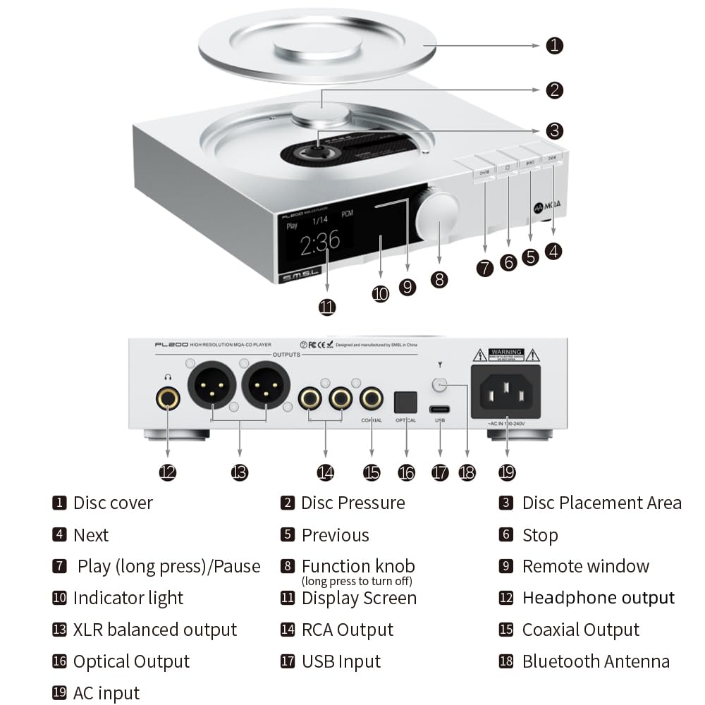 S.M.S.L PL200 MQA-CD Player Player HiFi Lossless AK4499EX Chip Bluetooth Playback Dac Headphone Amplifier,with Remote Control (Silver)