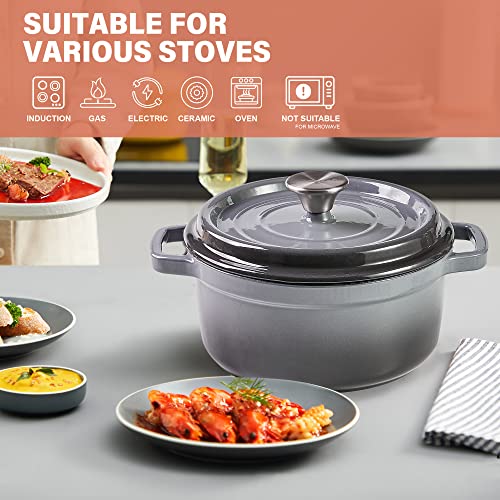 ZQBTC Enamel Cast Iron Covered Dutch Oven Pot with Lid for Bread Baking Use on Gas Electric Oven 3 Quart 2-3 People (Grey)