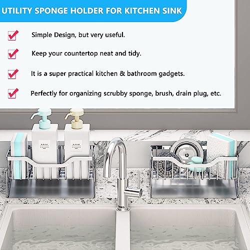 Sponge Holder for Kitchen Sink,Stainless Steel Sponge Caddy, Countertop Kitchen Sink Organizer with Drain Tray, Sponge Rack Holder for Dish Soap (Silver)