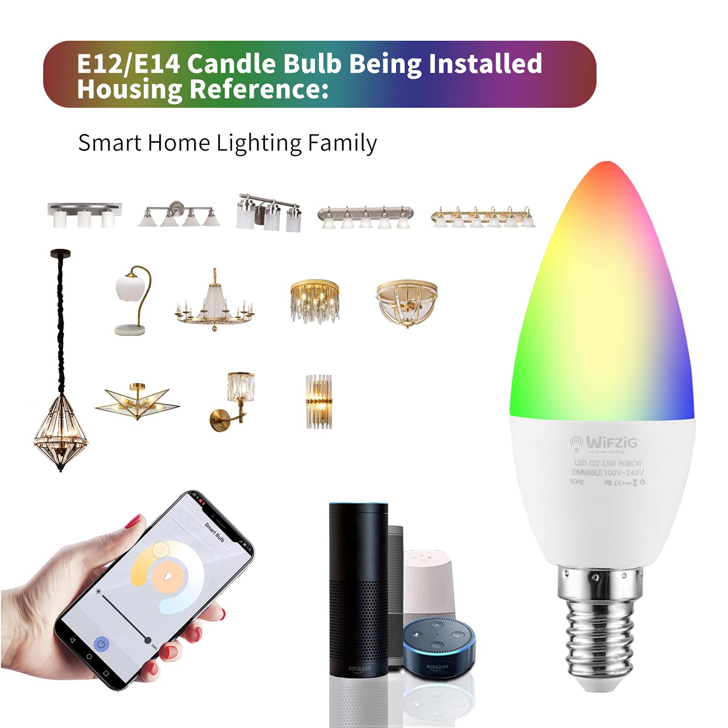 WIFZIG Smart Candelabra Bulb,E12 LED Candle Light Bulbs, 40W Equivalent For Ceiling Fan,Chandelier Bulb Work with Alexa&Google Home, 2700-6500K+RGB,App Control dimmable Candelabra 4W 370 Lumens(4Pack)