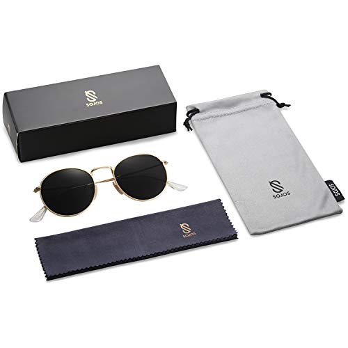 SOJOS Small Round Polarized Sunglasses for Women Men Classic Vintage Retro Shades UV400 SJ1014, Gold/Grey