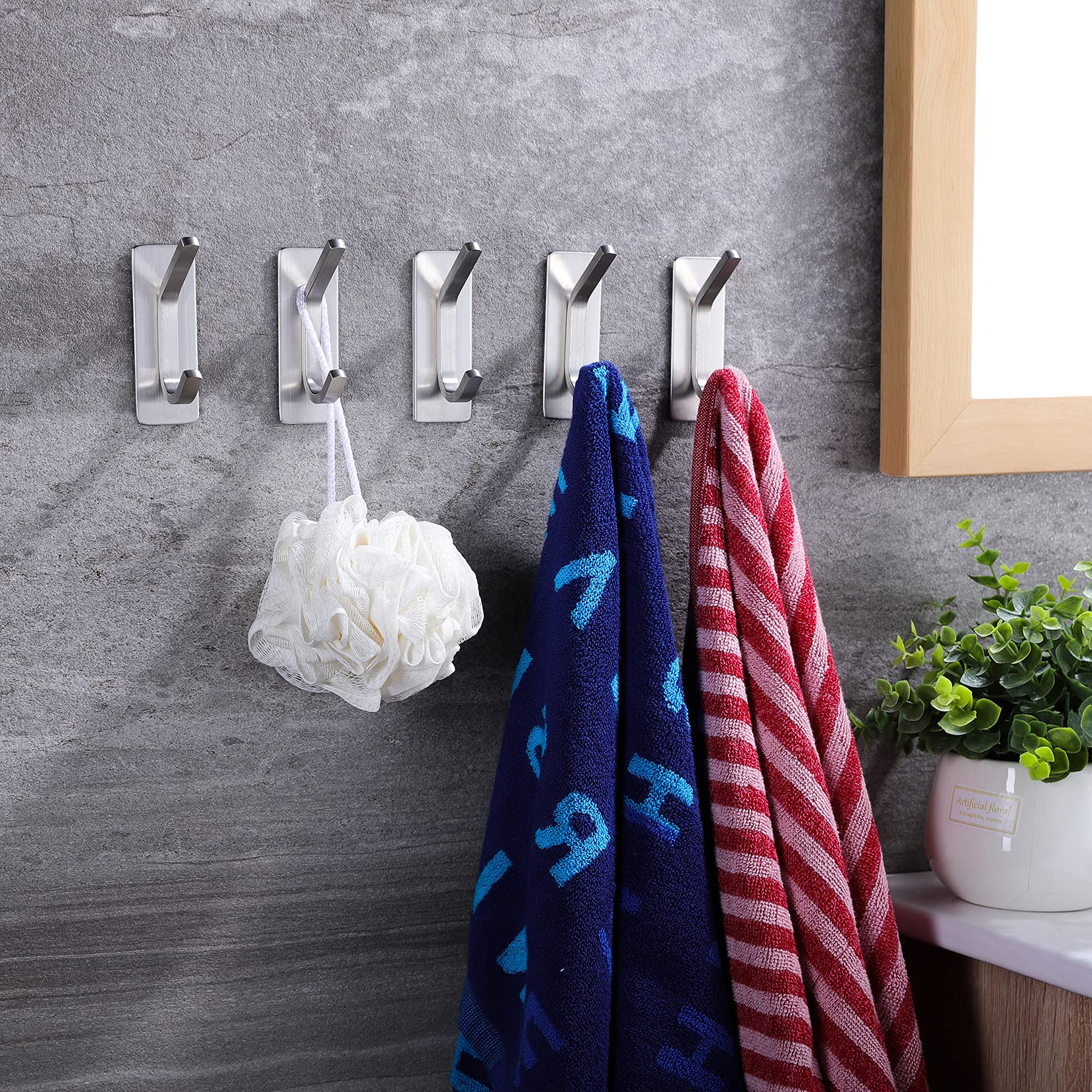 YIGII 5 Pack Adhesive Hooks/Towel Hook - Self Adhesive Heavy Duty Hooks Wall Hooks for Hanging Bathroom Kitchen, SUS 304 Stainless Steel