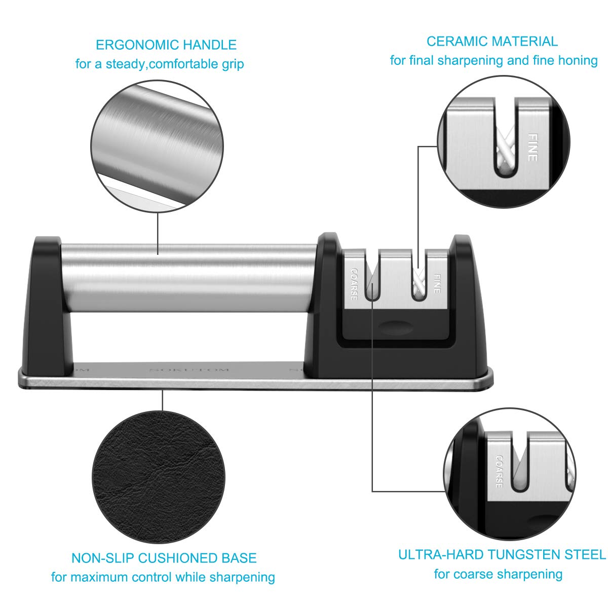 SOKUTOM Knife Sharpener for All Straight and Serrated Knives, Stainless Steel Ceramic and Tungsten, Safe and Easy to Use Kitchen Knife Sharpener, Sharpens Scissors