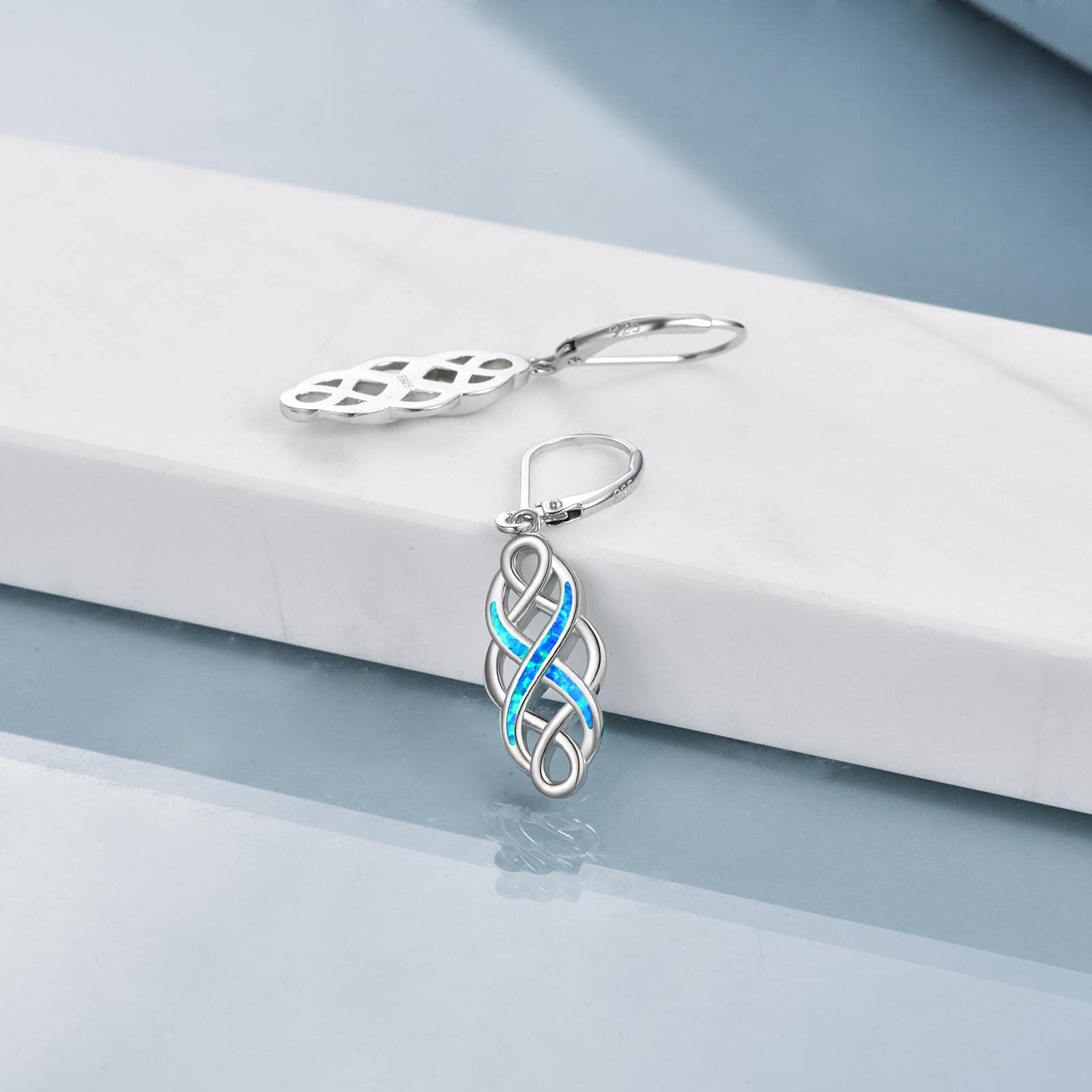 YFN Sterling Silver Celtic Knot Dangle Earrings Good Luck Irish Celtic Knot Vintage Dangles for Women (Blue Opal Celtic Knot Earrings)