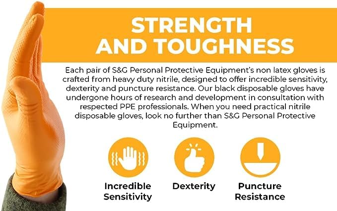 S&G Orange Nitrile Gloves | 100 Pcs | XL | Disposable Latex-Free 8Mil Thick Heavy Duty Powder-Free for Mechanics, Industrial