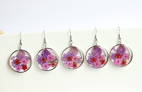 SIEASY Pressed Flower earrings, Dried Flower Pendants earrings, Purple hydrangea earrings, Handmade jewelry