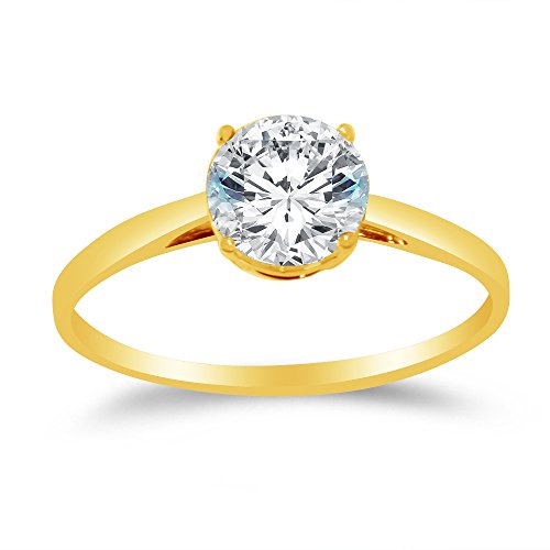 Size - 8 - Solid 14k Yellow Gold Round Cut Classic Thin Band Solitaire Wedding Engagement Ring CZ Cubic Zirconia 1.0ct.