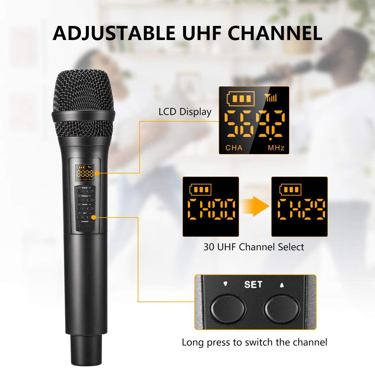 Wireless Microphone, Dual Professional UHF Cordless Dynamic Mic Handheld Microphone System with Echo/Treble/Bass, Receiver 30 Adjustable Channels, 328ft Long Range for Amplifier, DJ, Party etc.