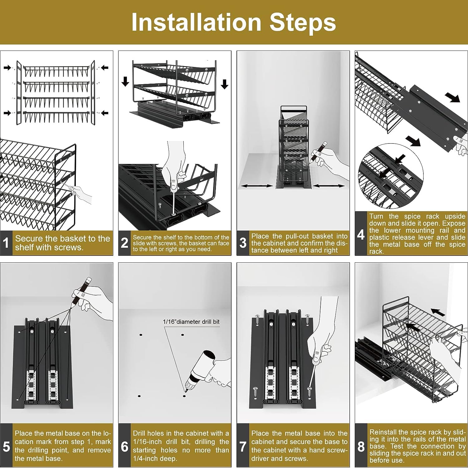 Vetacsion 4 Tier Pull Out Spice Rack Organizer for Cabinet 10 inch Wide, Detachable Double Facing, Metal