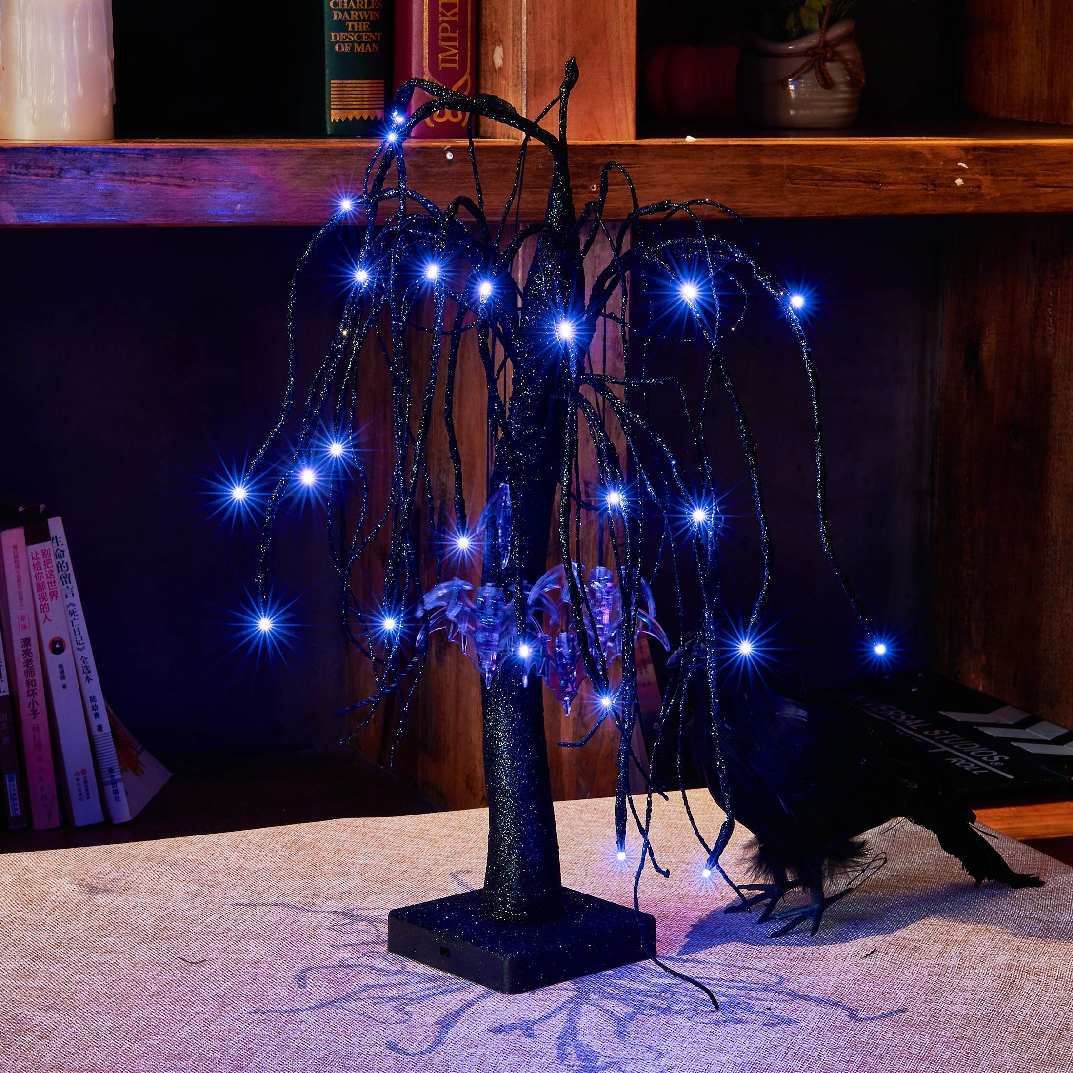 SAND MINE 24 LED Willow Tree Light with 6 Hanging Bats, Battery Operated Lighted Tree, Indoor Home Tabletop Tree Light Halloween Decorations, 18 Inch