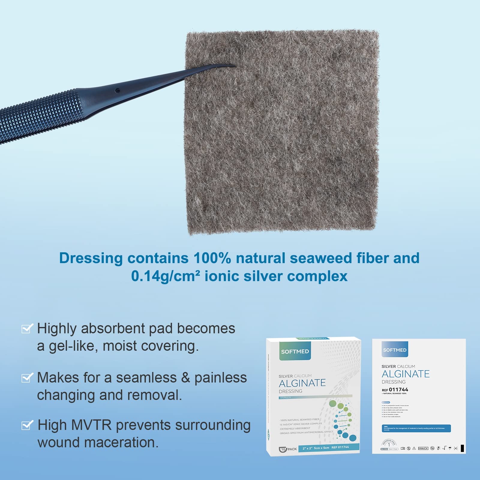 Silver Calcium Alginate Wound Dressing Sterile, 2" x 2", 10 Individual Pack, High Absorbent Calcium Algnate Fibers, Gentle to Skin and Fast Healing
