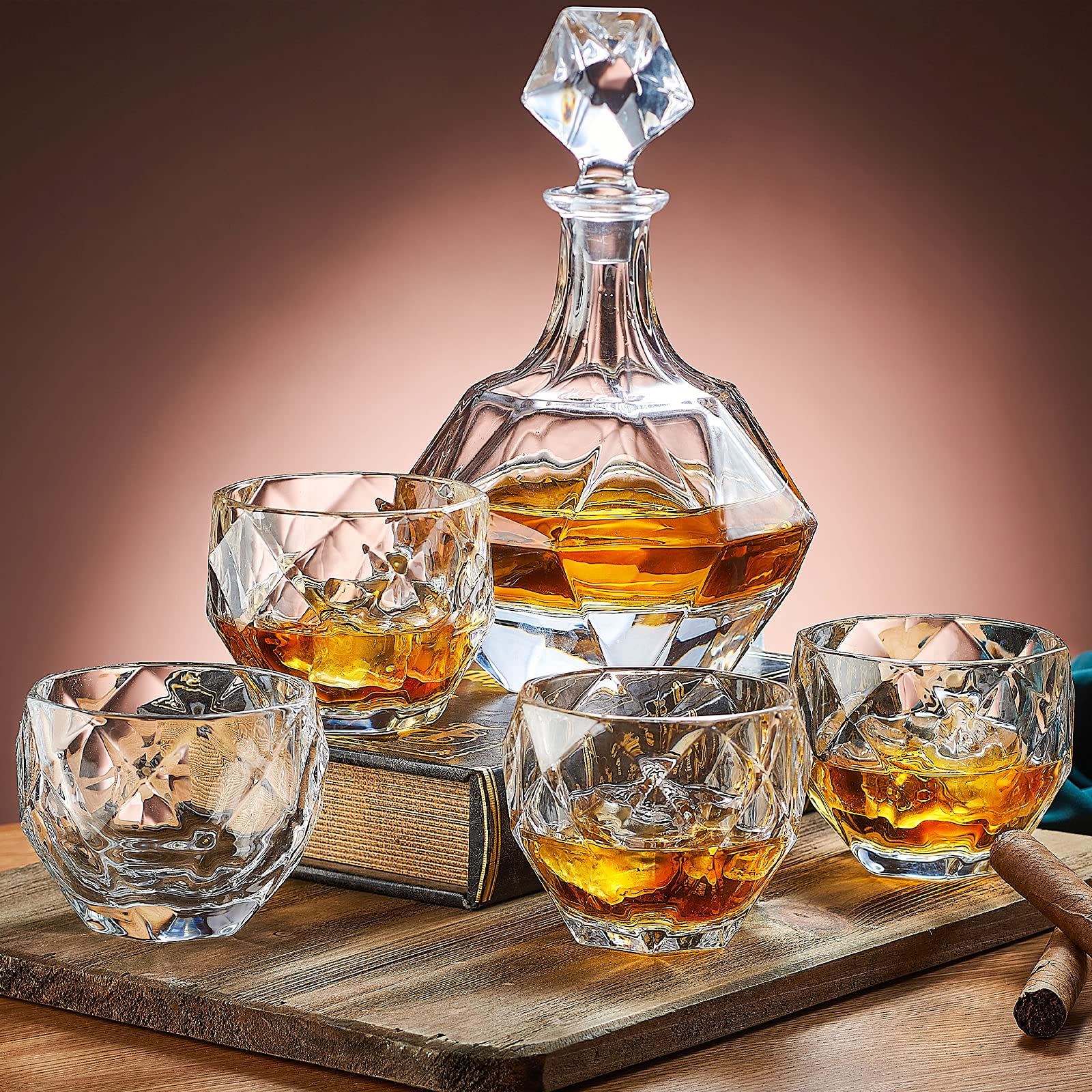 Whiskey Glasses Set of 4, 10 oz Rocks Glasses Lowball Scotch Glasses Bourbon Glasses Unique Old Fashioned Glasses with Gift Box