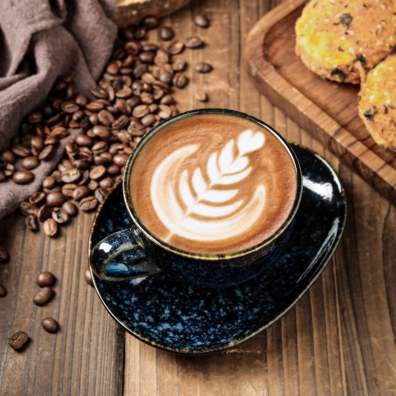 vicrays 6.5 oz Cappuccino Cups with Saucers, Set of 4, Ceramic Coffee Cup for Au Lait, Double shot, Latte, Cafe Mocha, Tea (Starry Blue)