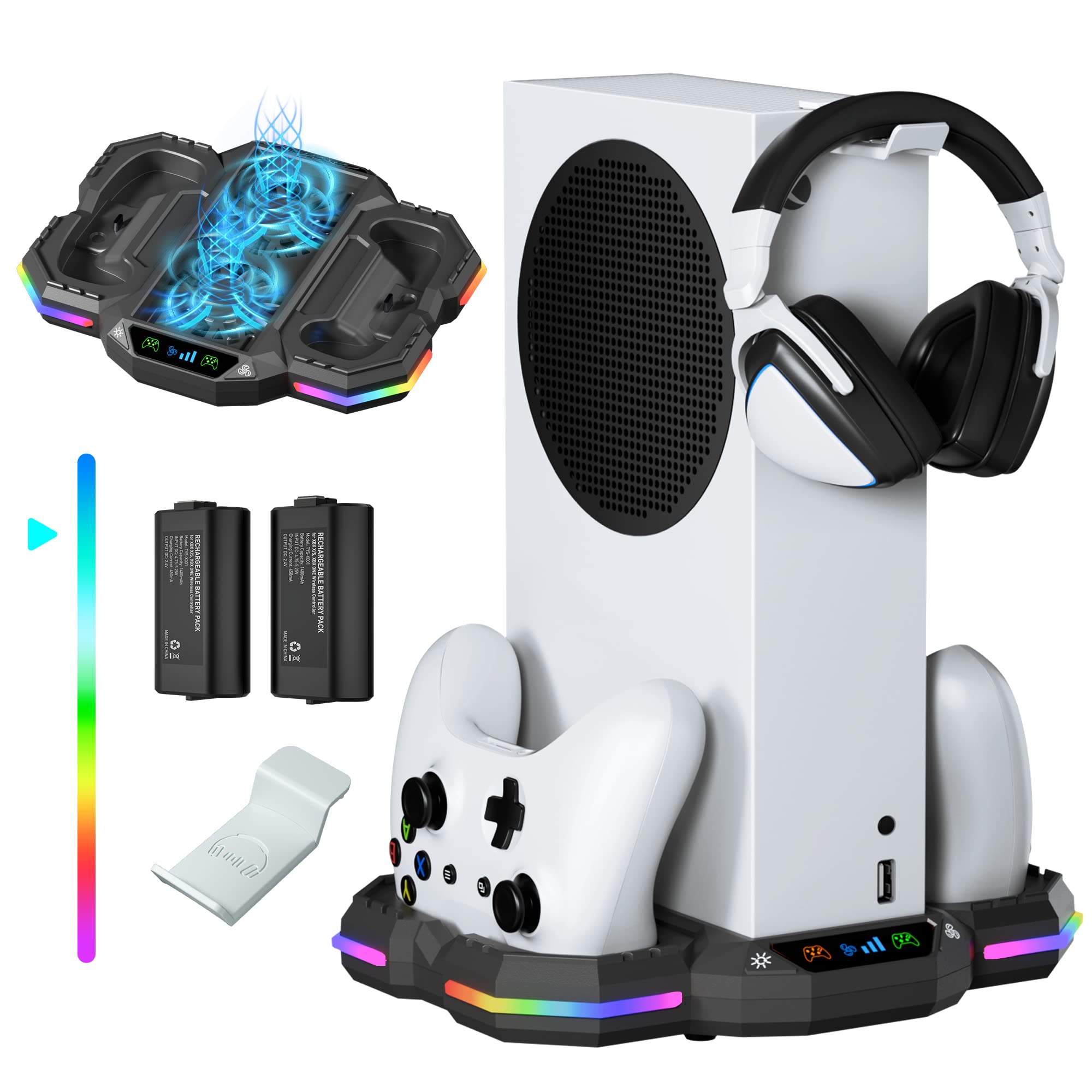 Wiilkac Cooling Fan Stand for Xbox Series S with RGB Light Strip, Dual Charging Station Dock Accessories for Controller with 2 x 1400mAh Rechargeable Battery, Headset Hook and USB3.1 Port(Grey)