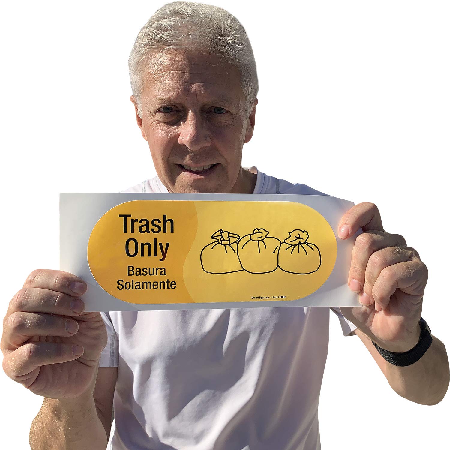 SmartSign (Pack of 4) 3.75 x 9 inch “Trash Only - Basura Solamente” Bilingual Sticker Labels with Symbol, 5 mil Laminated Polyester with SuperStick Adhesive, Yellow and Black