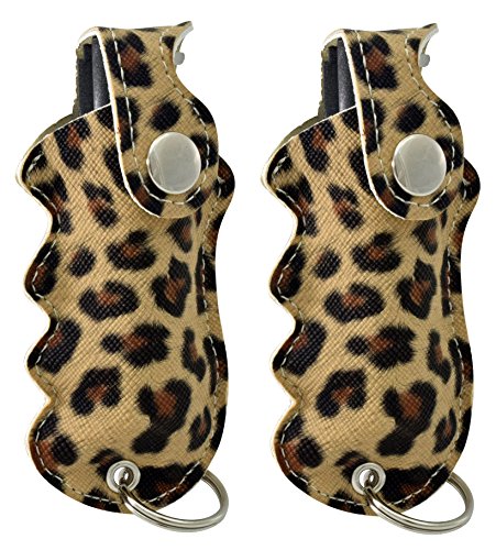 Pepper Defense 1/2 oz. Pepper Spray with Grip Holster and Keychain Attachment - Safety Twist Lock Glow Trigger - Maximum Strength 10% OC Formula - Self Defense Personal Protection (Leopard 2-Pack)