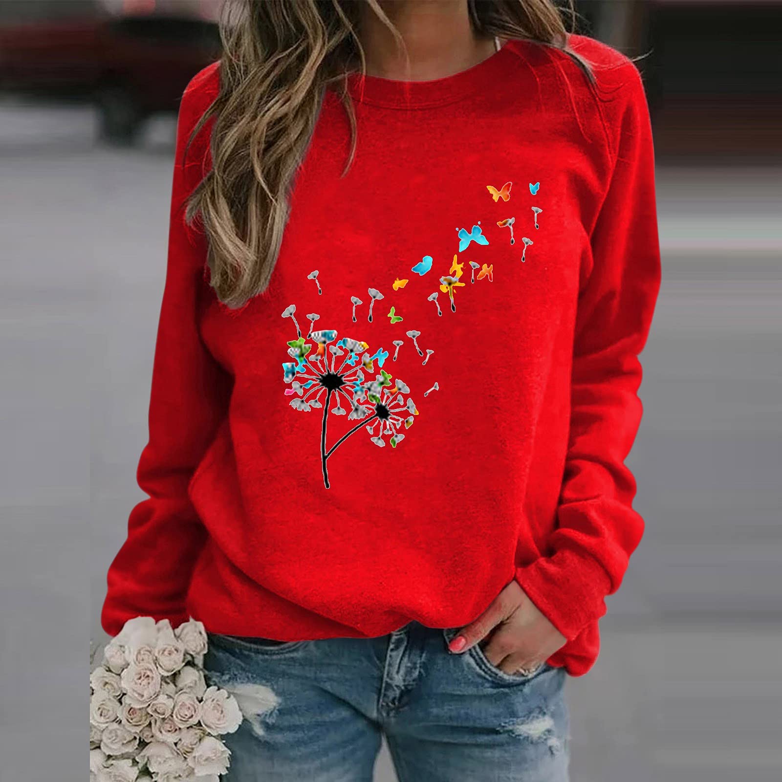 Wirziis Fashion Women Crewneck Sweatshirt, Fall Long Sleeve Casual Loose Fit Floral Design Comfy Active Pullover Sweater Tops