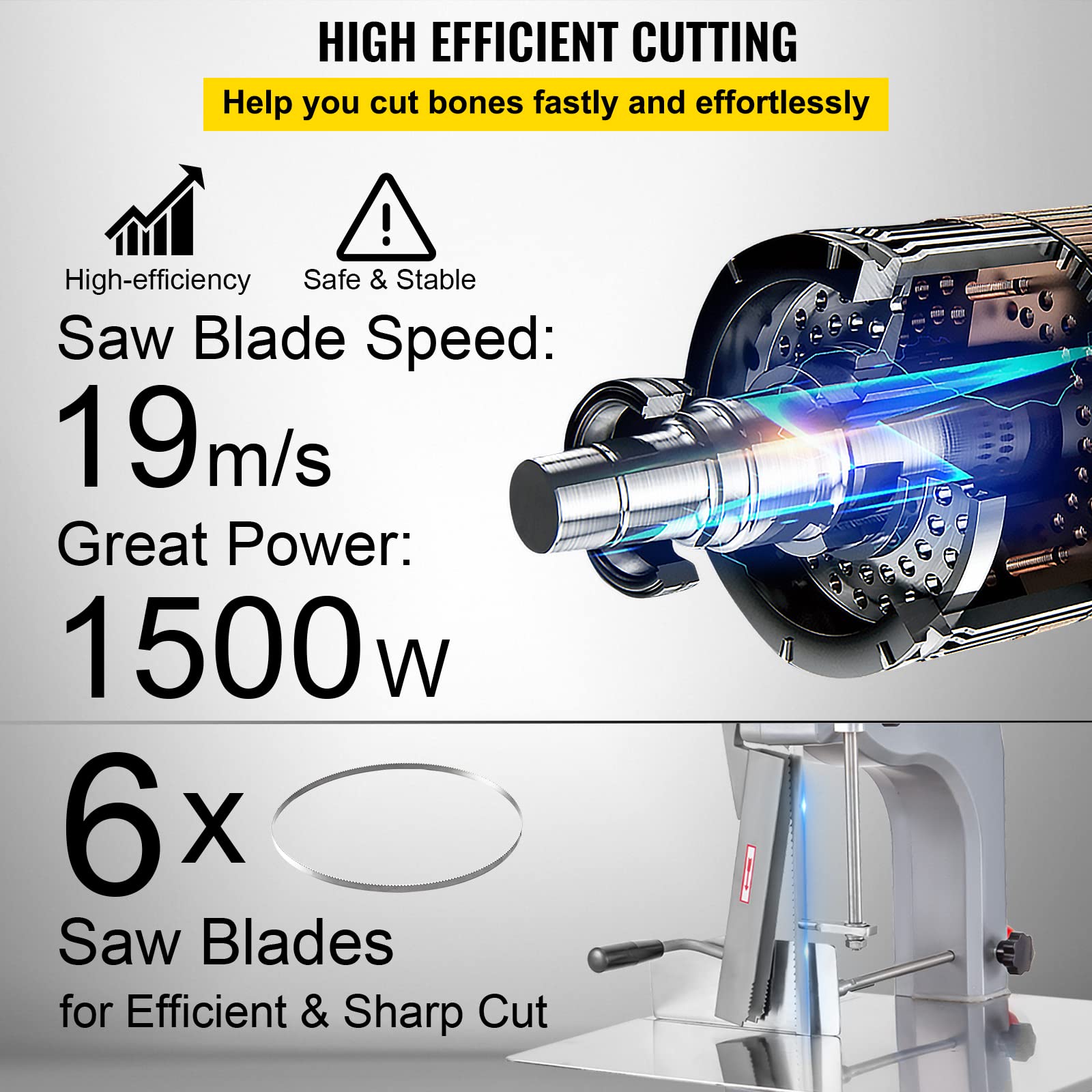 VEVOR 110V Bone Saw Machine, 1500W Frozen Meat Cutter, 2.1HP Butcher Bandsaw, Thickness Range 4-180mm, Max Cutting Height 215mm, Worktable 19.3x17.3inch, Sawing Speed 19m/s, Equipped with 6 Saw Blades