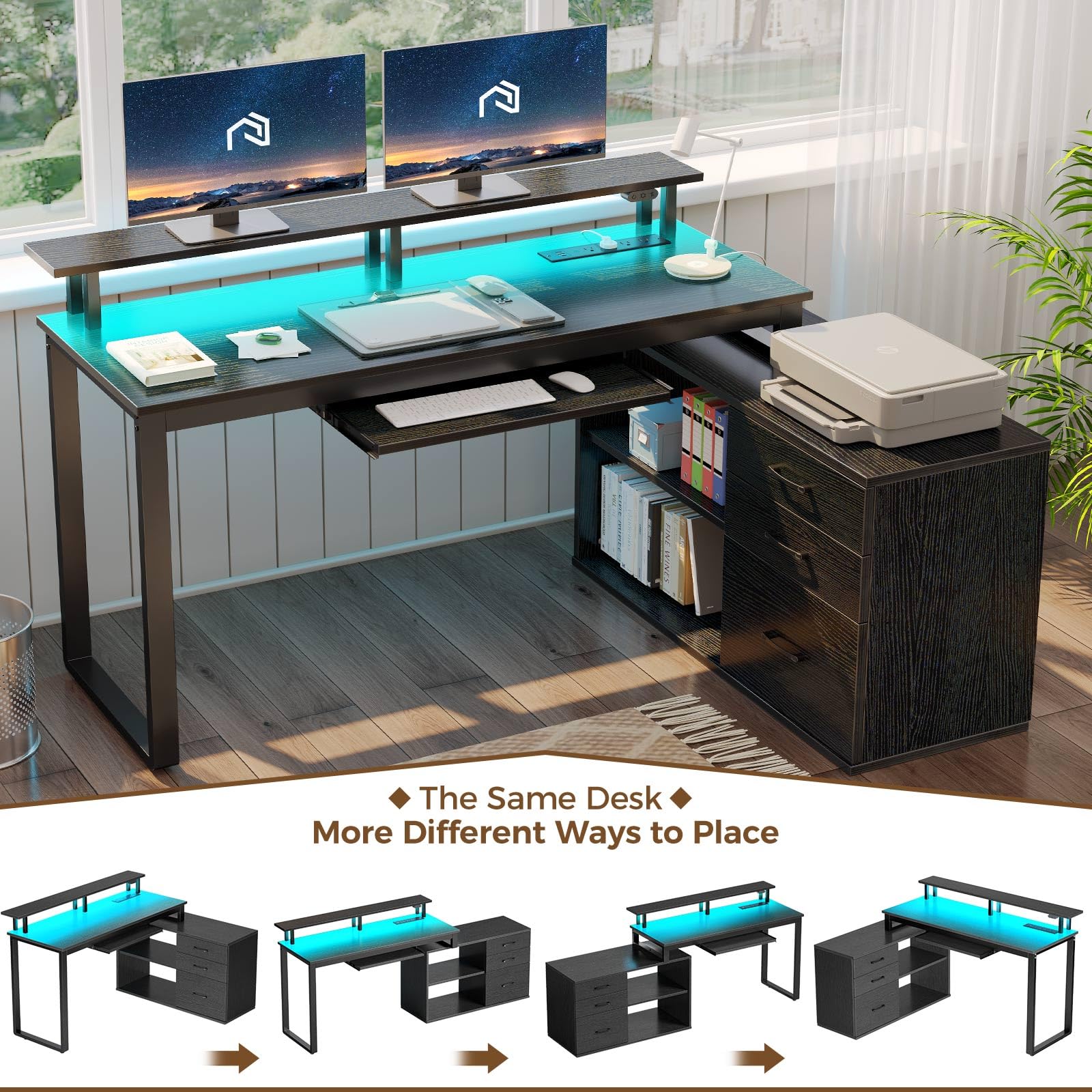 Rolanstar Computer Desk with Drawers and Power Outlet, White Reversible L Shaped Desk with LED Strip & Keyboard Tray, 55 Inch Home Office Corner Study Writing Table with Monitor Stand