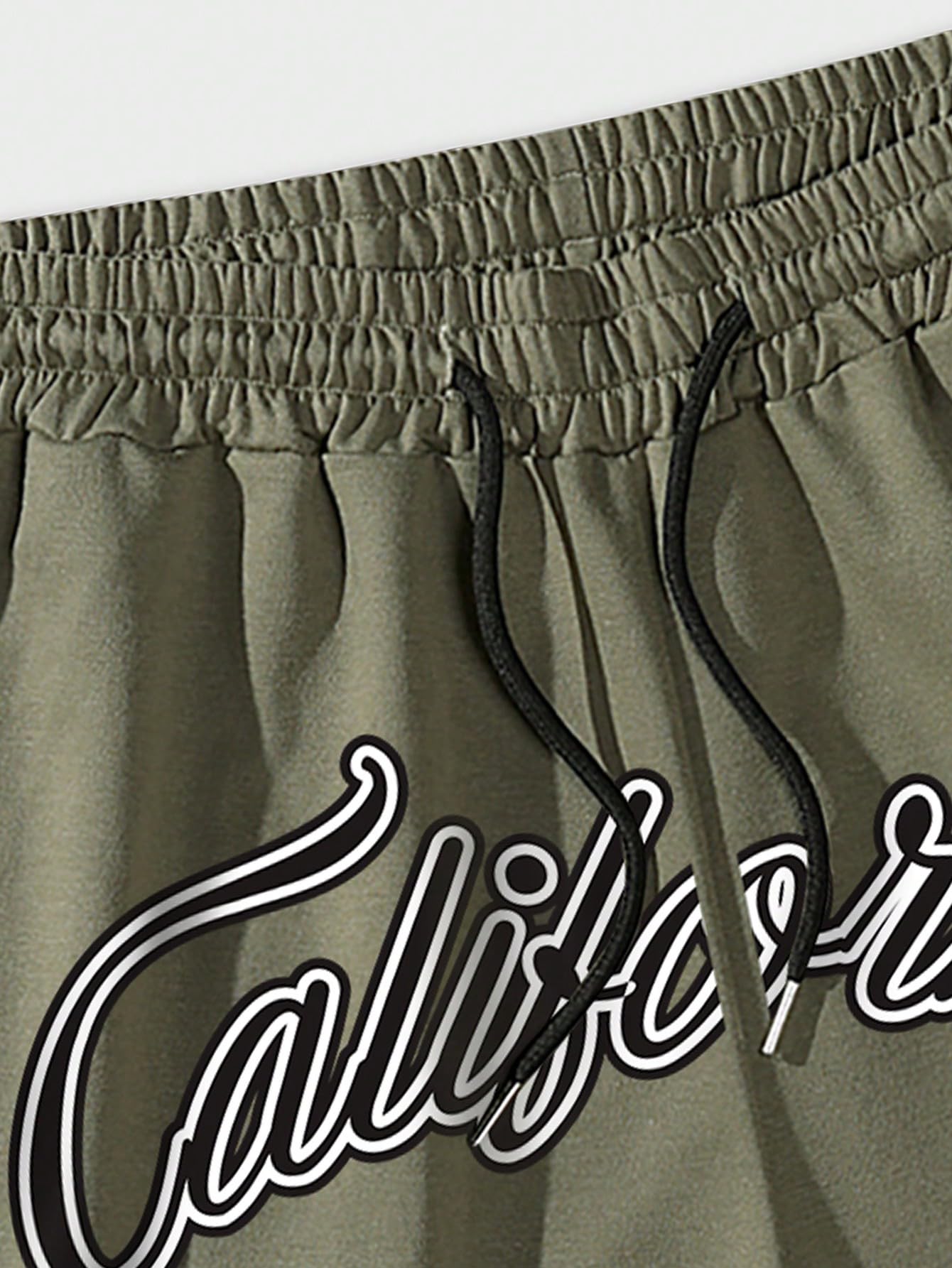 SHENHE Men's Letter Print Drawstring Waist Striped Trim Workout Gym Track Shorts Army Green L