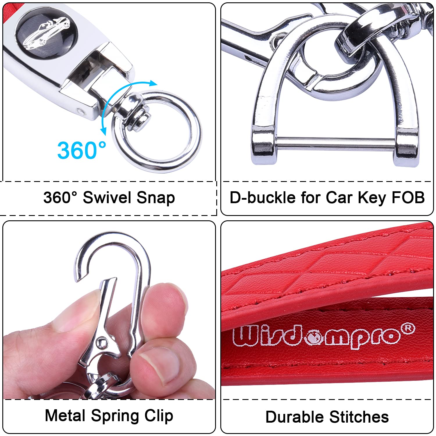 Wisdompro Microfiber Leather Car Keychain, Universal Key Fob Keychain Leather Key Chain Holder with 3 Keyrings and 1 Screwdriver for Men and Women - Red