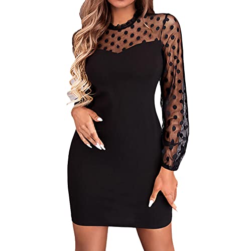 Women's Crewneck Mini Dress Polka Dot Mesh Long Sleeve Solid Color Zipper Stretch Dress
