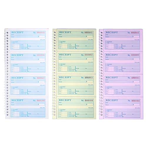 Receipt Books with Carbon Copies,Money and Rent Receipt Book,3-Part Carbonless,5.31" x 11.22",Receipt Book for Small Business,Blue,Yellow and Pink Copy,100 Sets Per Book